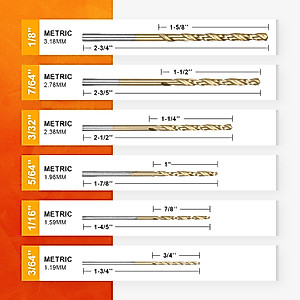 AugTouf Titanium Small Drill Bits Set (60 pcs), 4341 HSS 135° Micro Drill Bits for Wood, Metal, Steel, Plastic, Aluminum Alloy, 3/64"-1/8"