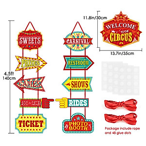 KATUMO Carnival Decorations, 11 Pcs Large Circus Carnival Signs Circus Theme Party Signs Carnival Party Supply Decor Paper Cutouts with Glue Point Dots and 2 Ropes