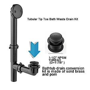 (1 Pack) Yariwiz 1-1/2" Matte Black Bathtub Tub Drain Kit Bath Waste Overflow Drain Tube Assembly with Touch-Toe Tub Drain Stopper and Overflow Faceplate Matte Black