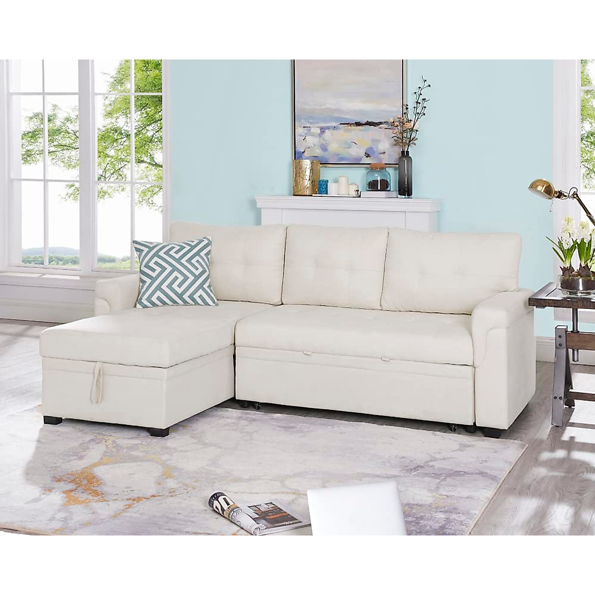 Naomi Home 85 in. Convertible Sofa with Storage, Reversible L Shape Sofa Couch with Chaise, Comfy Sectional Couches for Living Room, Cream - Velvet