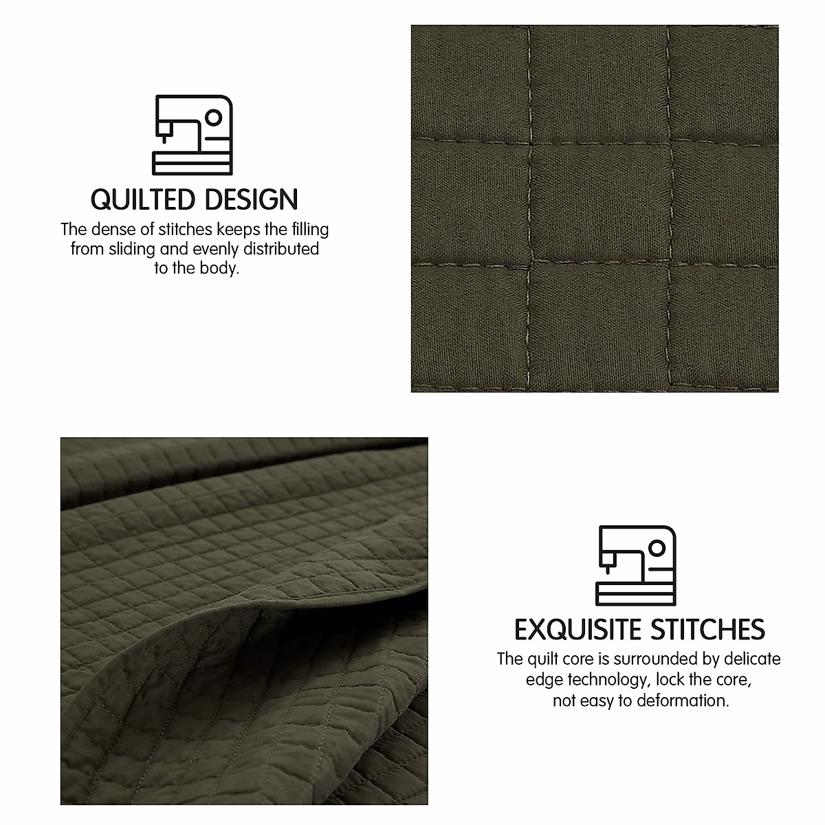SunStyle Home Olive Green Quilt, Queen Size Quilt Set Lightweight Bedspread Full Soft Reversible Coverlet for All Season 3pcs Army Green Square Quilted Bedding Sets (1 Quilt 2 Pillow Shams)(90"x96")