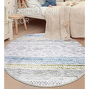 Yincimar Boho Geometric Round Area Rug 4.6ft Non-Slip Washable Circle Rug Accent Rug Soft Floor Area Mat Carpet for Living Room Sofa Bedroom Kids Room Nursery Decor,White