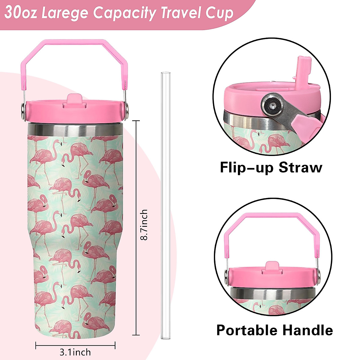 30 oz Flamingo Tumbler with Handle, Large Insulated Tumbler with Flip & Straw Coffee Mug Cup Stainless Steel Gifts for Women Men Youth