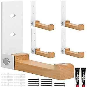 Folding Coat Hooks 5 Pcs Wooden Wall Hooks for Hanging Coat Heavy Duty Aluminum Alloy Adhesive Foldable Headphone Holder Coat Hooks Wall Mounted with 10 Screws for Hat, Towel, Bag (White)