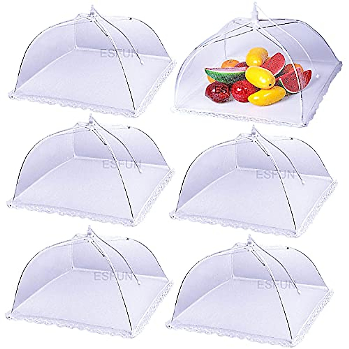 (6 Pack) ESFUN Food Net Covers for Outside, 17"x 17" Large Outdoor Food Cover Mesh Screen Tents Umbrella Fly Food Covers for Picnics, Parties, BBQ, Camping, Reusable and Collapsible