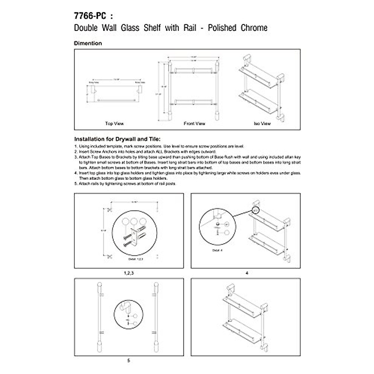 MODONA Double Wall Glass Shelf with Pre-Installed Rail - Polished Chrome - Oval Series - 5 Year Warrantee