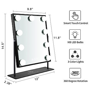 FENCHILIN Hollywood Mirror with Light Lighted Makeup Mirror Vanity Makeup Mirror Smart Touch Control 3 Colors Dimable Light Detachable 10X Magnification 360°Rotation(Black)