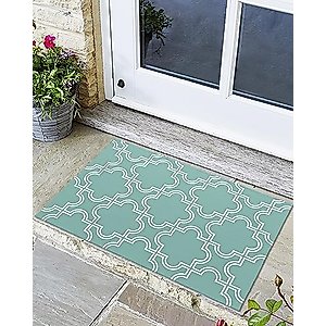 Front Door Mat, Non - Slip Absorbent Door Entry Mats, Doormats Indoor/Outdoor Entrance Small Rugs, Geometric Moroccan Tile Pattern Teal Green Doormat - Easy to Clean Floor Mats for Home 16x24 Inch