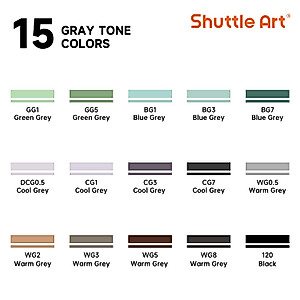 Shuttle Art 15 Colors Grey Tones Dual Tip Art Marker, Permanent Marker Pens Double Ended with Fine Bullet and Chisel Point Tips Perfect for Drawing,Shading,Sketching,Designing,Outlining,Illustrating