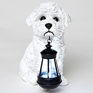 Bits and Pieces - Bichon Solar Lantern Statue - Solar Powered Garden Lantern - Resin White Dog Sculpture with LED Light - Outdoor Lighting and Décor Maltese, Bolognese, Coton de Tulear, Havanese