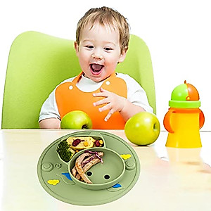 Baby Divided Plate Placemat Silicone- Portable Non Slip Child Feeding Suction Plate for Children Babies and Kids BPA Free Baby Dinner Plate Microwave Dishwasher Safe (Endive)
