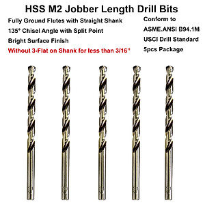MAXTOOL 1/16" 5pcs Identical Jobber Length Drills HSS M2 Twist Drill Bits Fully Ground Bright Straight Shank Drills; JBF02W13R04P5
