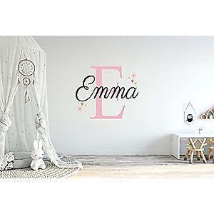 CuteDecals Custom Name and Initial with Flowers Wall Decal - Personalized & Art Mural Girls Decor Stickers for Nursery Bedroom Decoration (Mini Wide 16 inchx10 inch Height)