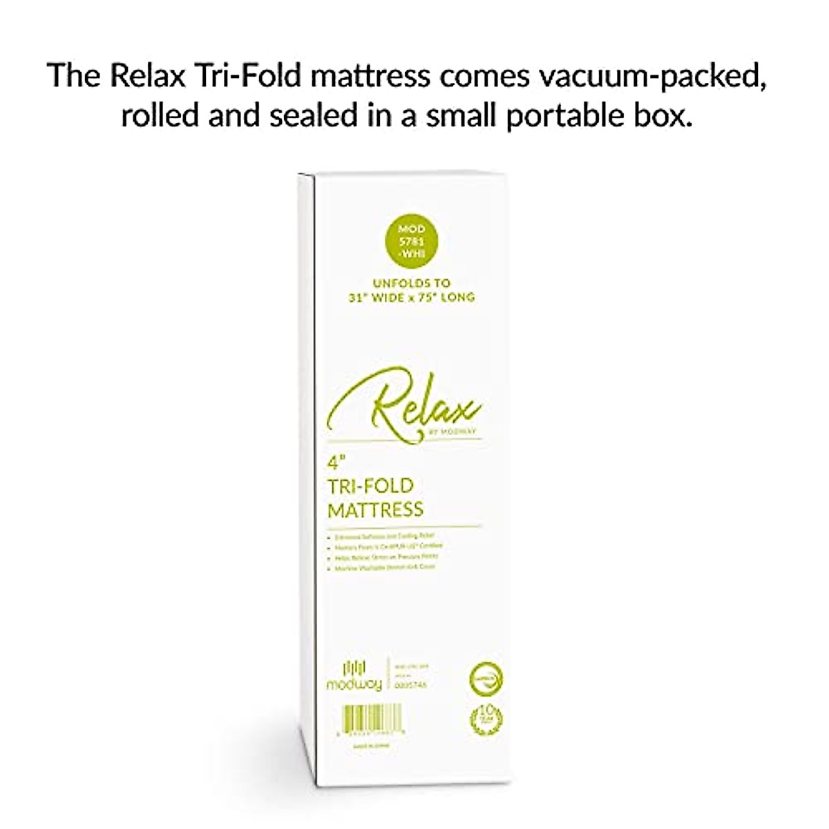 Modway 4” Relax Tri-Fold Mattress Topper CertiPUR-US Certified with Soft Removable Cover (31"x75")