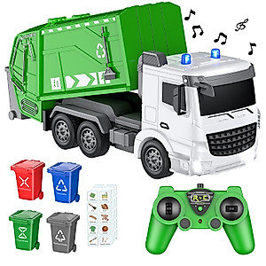 CALEST 2.4Ghz RC Garbage Truck with 4 Trash Cans, 6 Channel Remote Control, Waste Management Toy, 100pcs Garbage Sorting Cards, Boys 3+