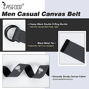 JASGOOD 2 Pack Men Black Canvas Belt, Webbing Cloth D Ring Buckle Belt Extra Long with Metal Tip for Pants (Black/Gray,Fit Waist Size 34-39 inch)