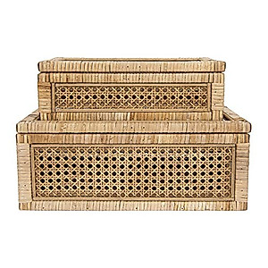 Creative Co-Op Cane and Rattan Display Boxes with Glass Lid, Set of 2