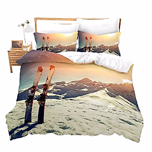 3 Pieces Extreme Sports Theme Duvet Cover Queen Ski Sports Pattern Decor Bedding Comforter Set For Adult Teen Kids Boys Snow Mountain Printed Decor Simple Soft Bedding Comforter Cover With Zipper Ties