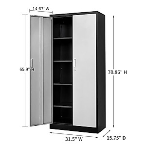 Metal Storage Cabinet, 71" Locking Cabinet with 4 Adjustable Shelves, Large Steel Storage Cabinets for Garage, Home Office, Pantry -Black&Silver Doors