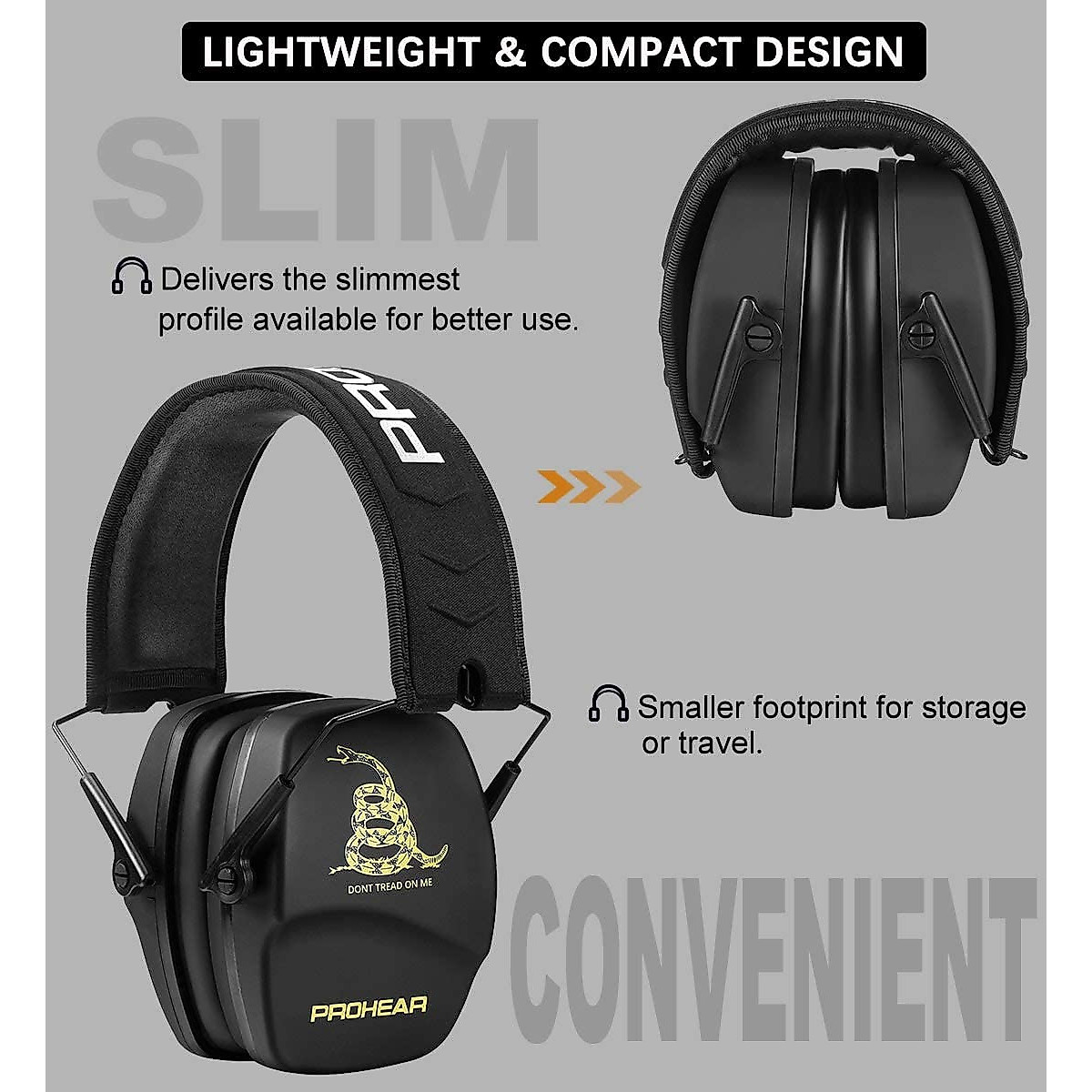 PROHEAR 016 2-Pair Shooting Ear Protection Safety Earmuffs, NRR 27dB Noise Reduction Slim Passive Hearing Protector with Low-Profile Earcups, Compact Foldable Muffs for Gun Range, Hunting