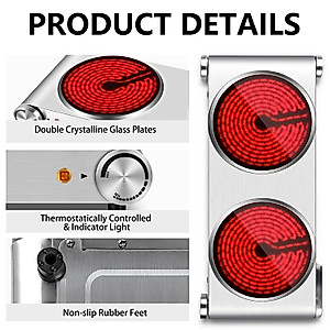 CUSIMAX Double Burner, Electric Hot Plates for cooking, 1800W Portable Infrared Burner, Electric Ceramic Burner, Countertop Cooktop, Stainless Steel Easy to Clean, Silver