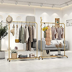 Smlttel Metal Gold Clothes Rack for Hanging Clothes, Rolling Clothing Rack for Boutique Display, Gold Coat Rack Standing Garment Rack with Shelf, Industrial Pipe Rack, Heavy Duty Clothing Rack, Gold