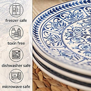 Sonemone 8.75 Inch Marrakesh Tile Floral Salad Plates, Blue Ceramic Plates Set of 4, for Salad, Pasta, Pancakes, Steak, Microwave & Dishwasher Safe