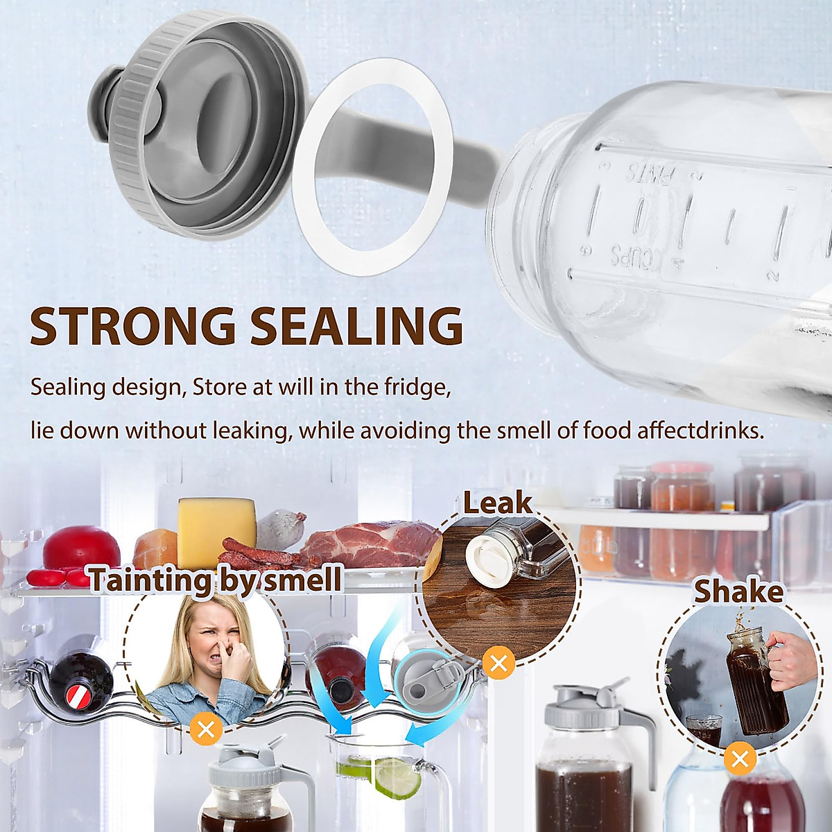 Glyntrof Mason Jar Glass Pitcher, 64 Oz Heavy Duty Filter Water Jug with Pour Spout Handle Lid for Storage Cold Brew Coffee, Ice Beverage, Iced Milk, Juice, Lemonade, Sun Tea, Fruit Tea