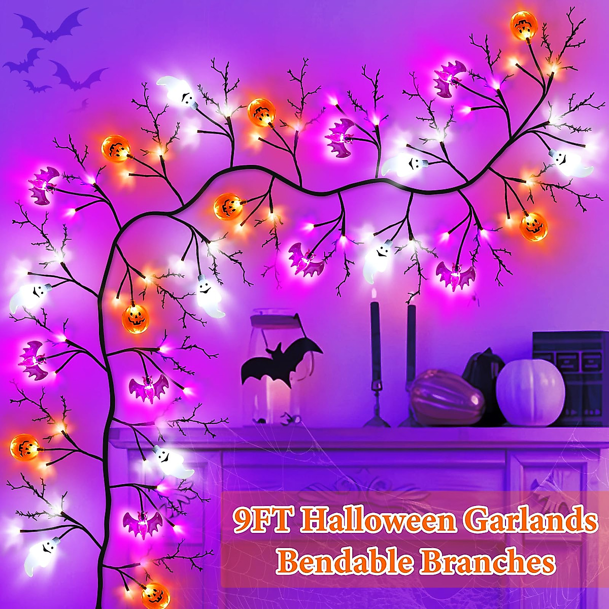 9FT 72 LED Halloween Decorations Willow Vine Twig Garland with 8 Modes Orange Purple White Lights & Timer & 8 Pumpkin Bat Ghost,Battery Operated Halloween Garland for Mantel Table Indoor Home Decor
