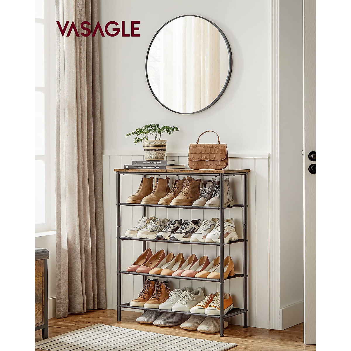VASAGLE Shoe Rack 5 Tier, Narrow Shoe Organizer for Closet Entryway, with 4 Fabric Shelves and Top for Bags, Shoe Shelf, Steel Frame, Industrial, Rustic Brown and Black ULBS036B01