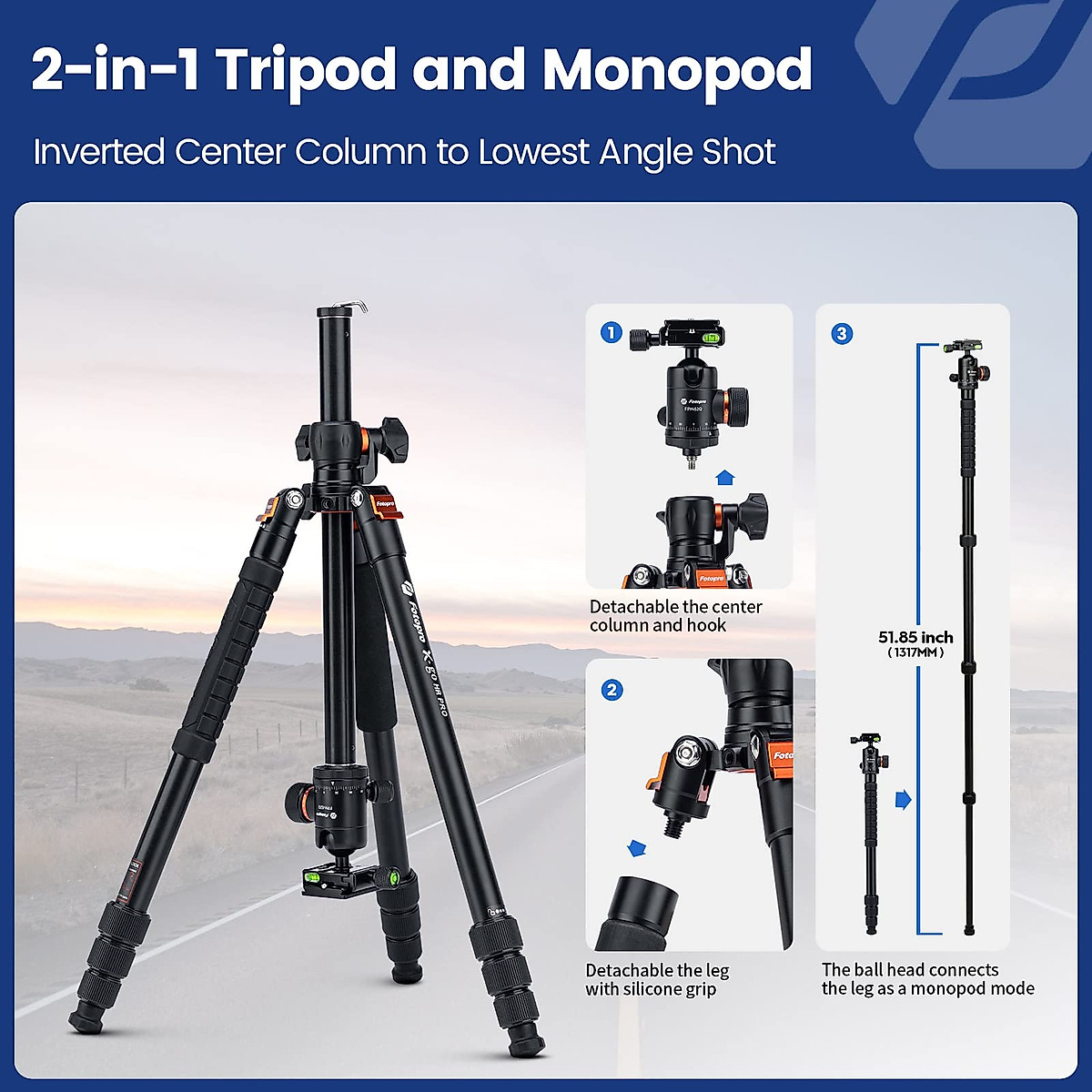 Fotopro 68 inch Camera Tripod Horizontal 360 Tripod Portable Monopod with Ball Head 16KG Load Capacity Quick Release Plate, for Travel and Work