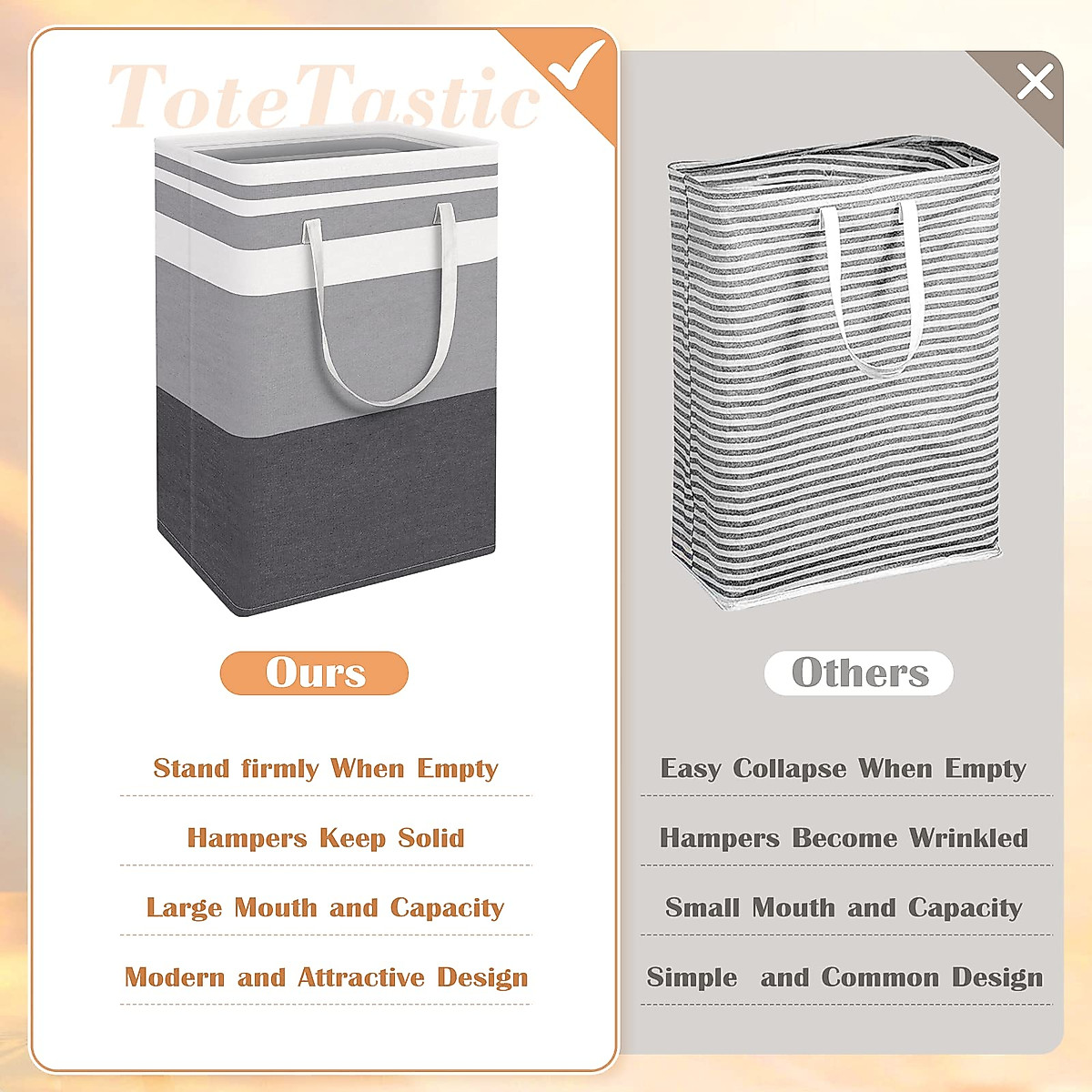 ToteTastic 3-Pack Laundry Basket, Freestanding＆Waterproof Laundry Hamper, Collapsible Tall Clothes Hamper with Easy Carry Handles for Clothes, Towels＆Toys in the Family and Dorm,Gradient Grey,75L
