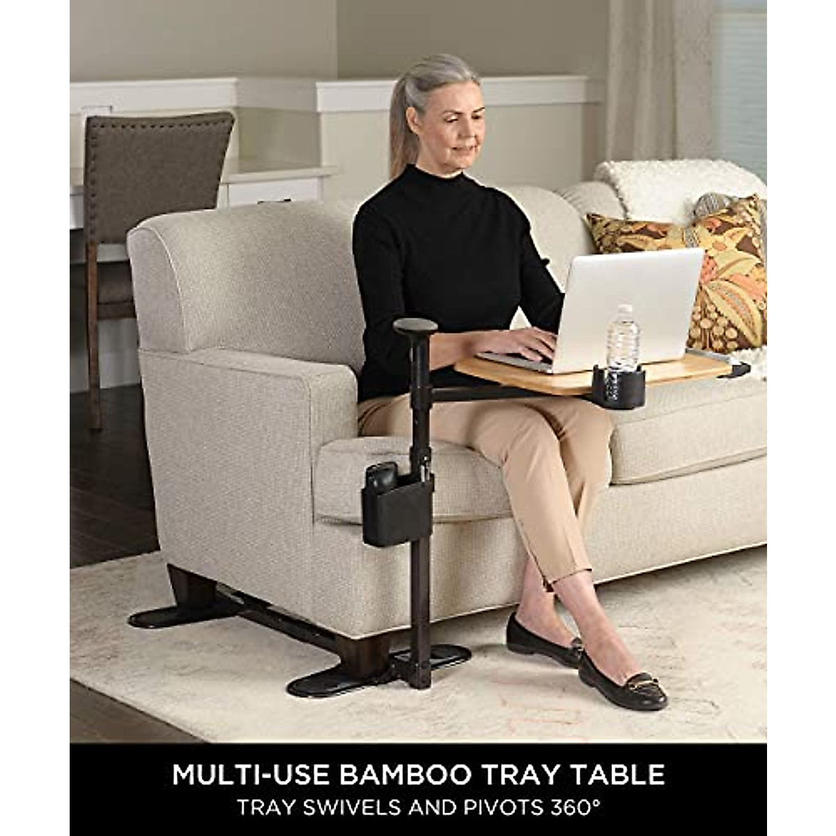 Signature Life Independence Tray Table, Bamboo Swivel TV Tray, Adjustable Laptop Table with Ergonomic Stand Assist Safety Handle, Independent Living Aid