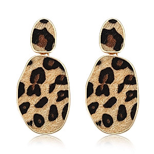 Leopard Print Earrings Lightweight Geometric Faux Leather Drop Dangle Earring Statement Animal Print Stud Earring For Women (brown leopard)