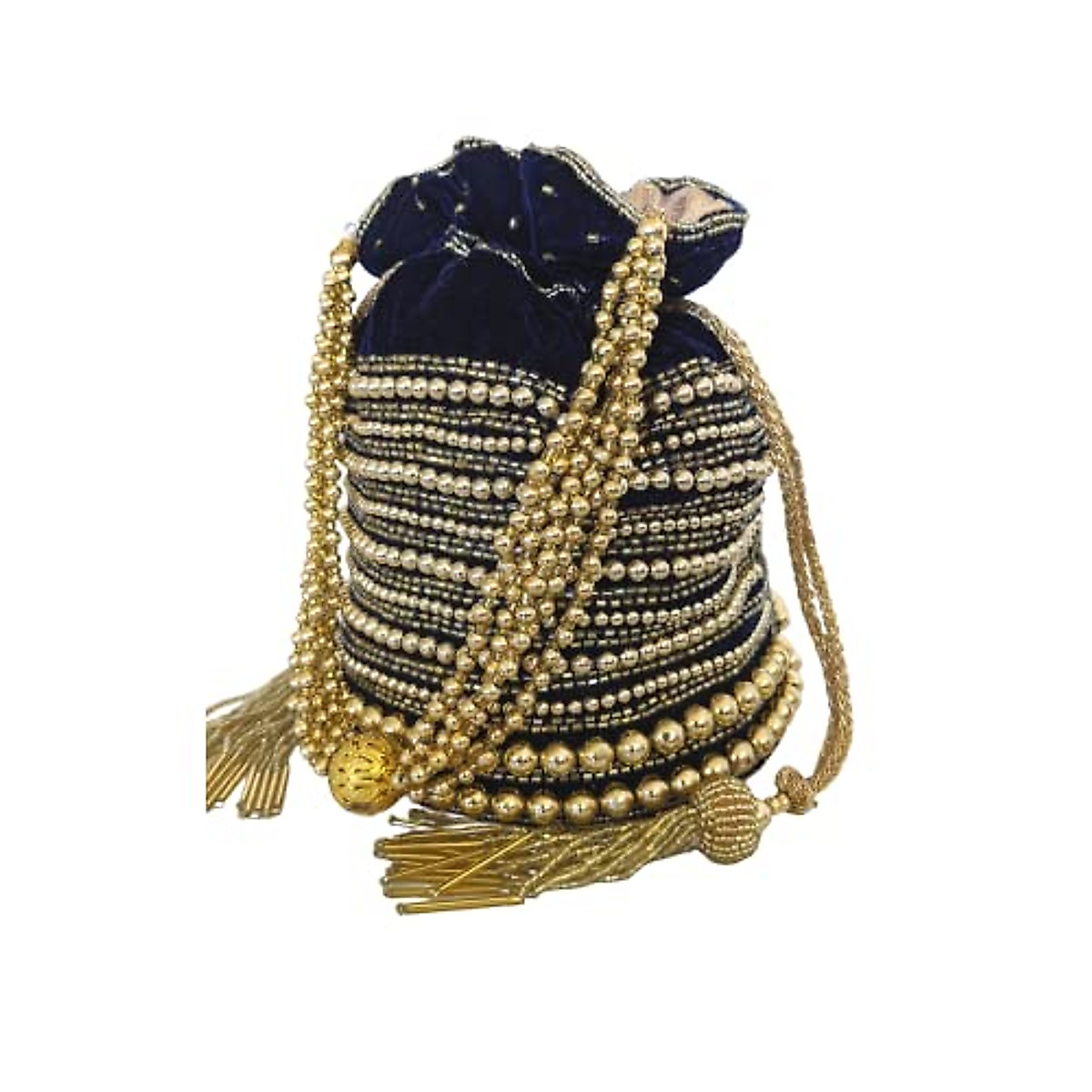 Indian Potli Bag, Bucket Bag Embellished With Golden Motifs For Parties, Weddings, Brides, Festivals, Velvet Purse (Navy)