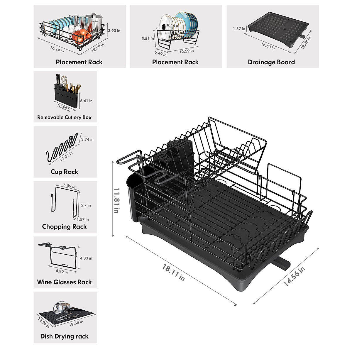 Dish Drying Rack Drainboard Set, Large Stainess Steel 2 Tier Dish Rack with Drainage Dish Drainers for Kitchen Counter with Wine Glass Holder, Cutting Board Holder, Utensil Holder and Dry Mat(Black)
