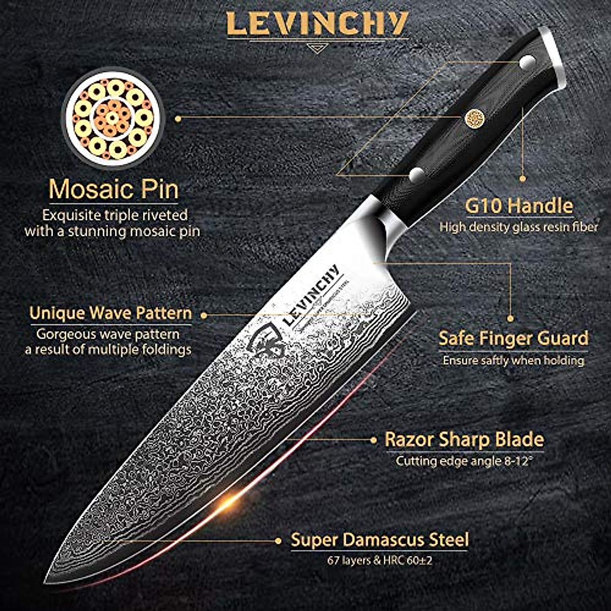 LEVINCHY 8 inch Damascus Chef Knife with Black Premium G10 Handle, Professional Damascus Stainless Steel Knife, Ergonomic, Superb Edge Retention, Stain & Corrosion Resistant