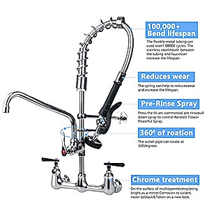 TBER Commercial Kitchen Faucet 8 Inch Center Wall Mount Sink Faucet for Restaurant Industrial 25" Height 12" Swivel Spout Pre-Rinse Sprayer Faucet for Compartment Sinks