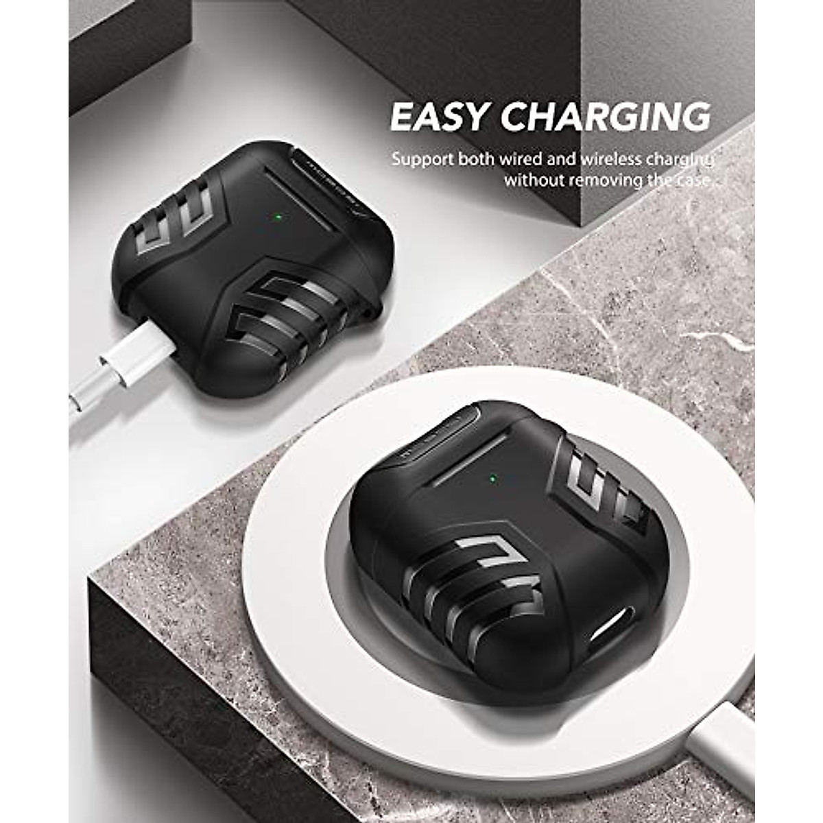 MOBOSI Military AirPods Case Cover Designed for AirPods 2 & 1, Full-Body Protective Vanguard Armor Series AirPod Case with Keychain for AirPods Wireless Charging Case, Black [Front LED Visible]