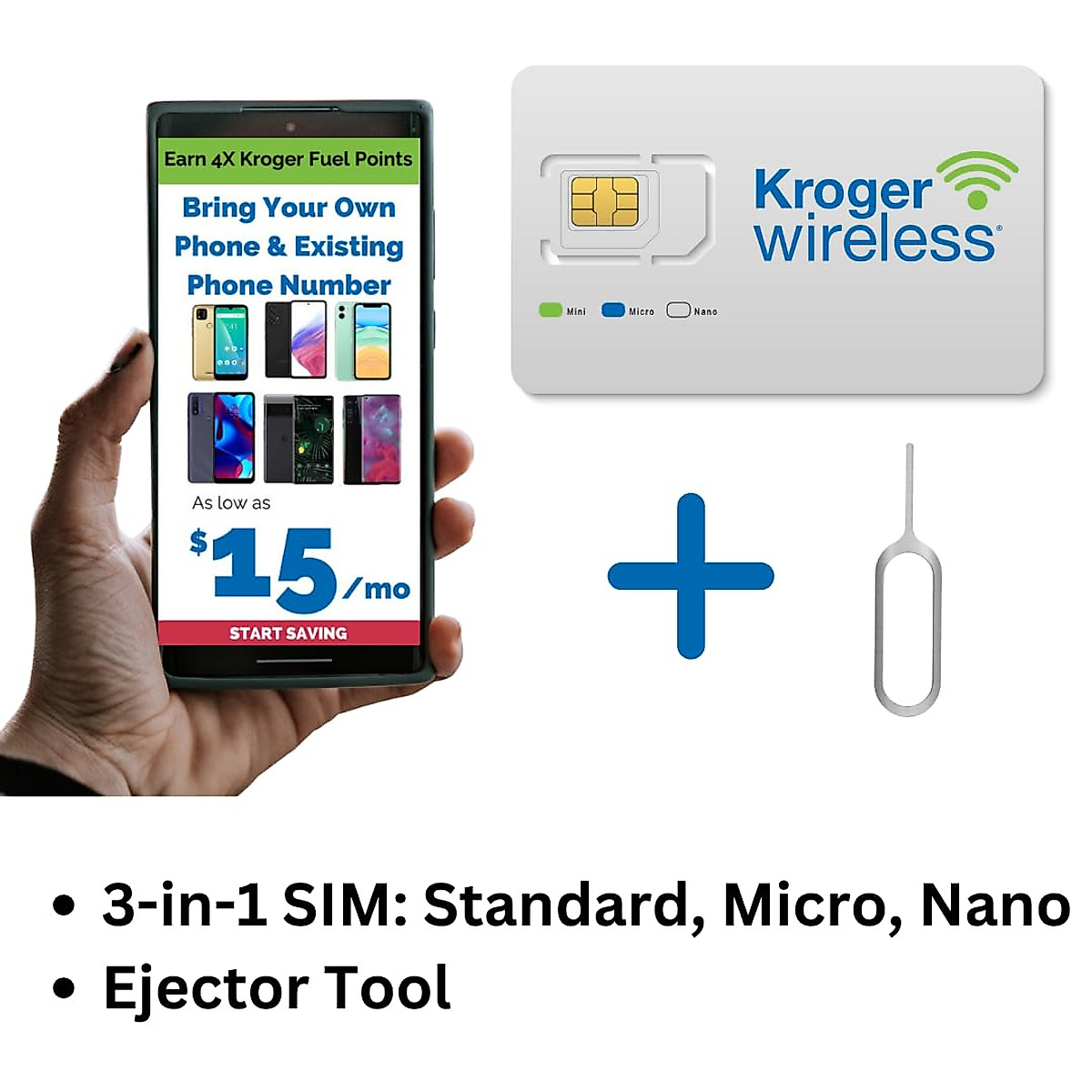 Kroger Wireless Prepaid SIM Card with Removal Tool for 4G LTE or 5G Phones, Unlimited U.S. Cell Phone Plans from $15 per Month with Text, Talk, and Data, Includes 4X Fuel Points