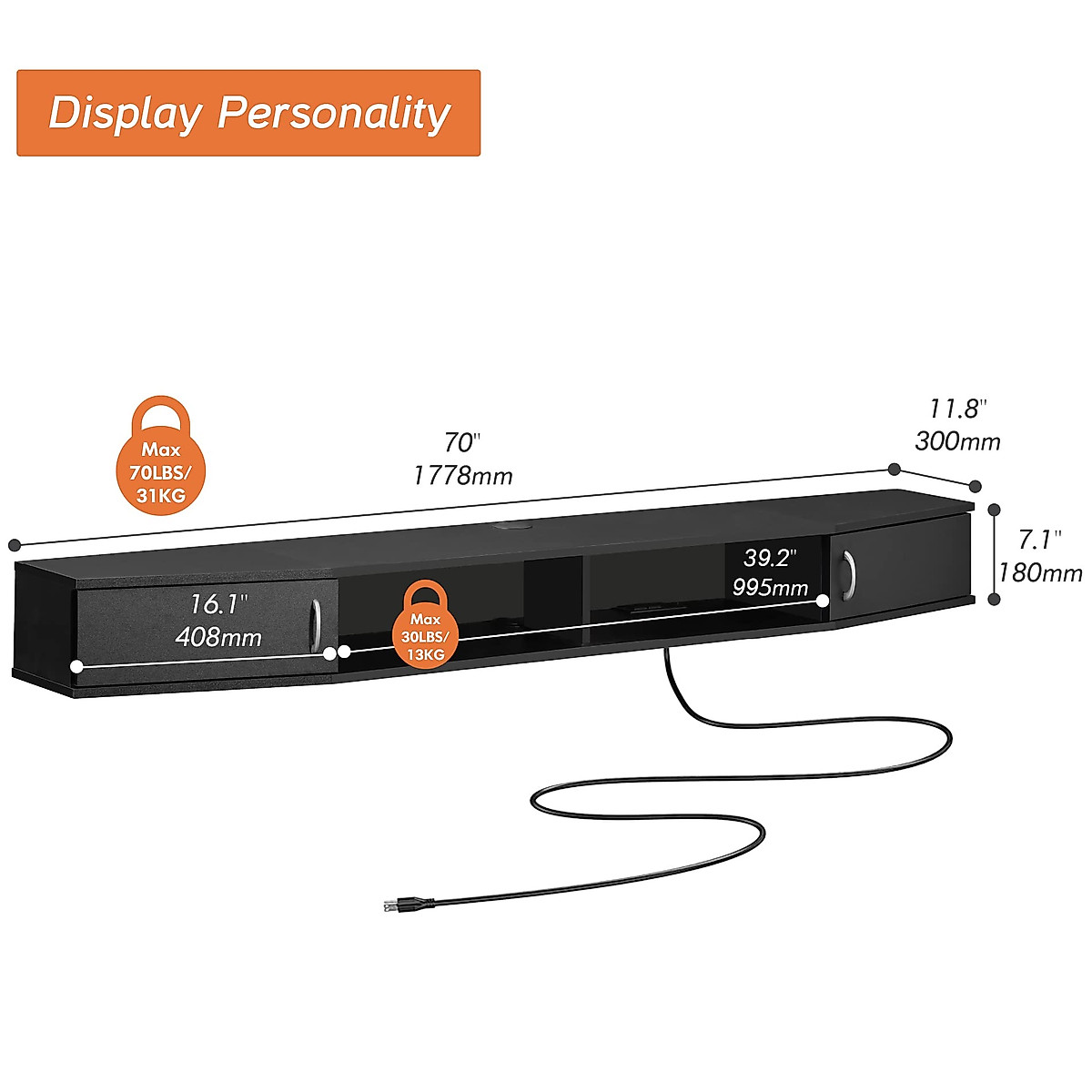 FITUEYES Floating TV Stand Wall Mounted Shelf with Colorful LED Lights, Wood Media Console Entertainment Center Under TV, Cabinet Hutch Desk Storage for Home and Office,Black