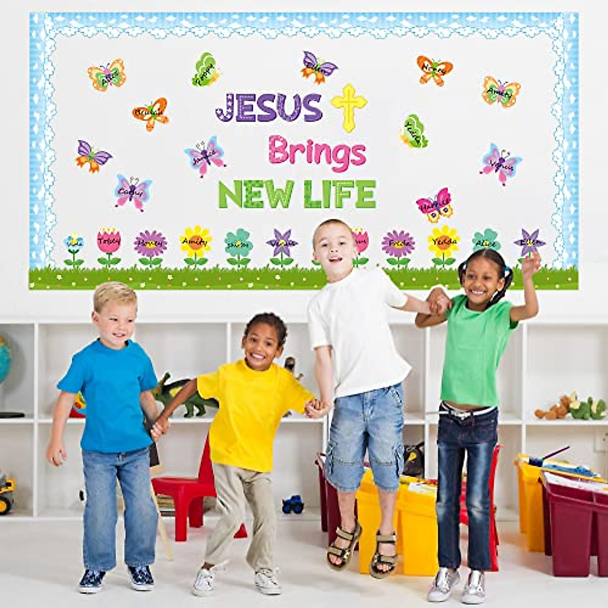 Yopyame 94Pcs Jesus Brings New Life Christian Bulletin Board Set Summer Butterfly Flowers Cross Cutouts Bulletin Board Borders Trim Religious Faith Classroom Sunday School Chalkboard Wall Decor