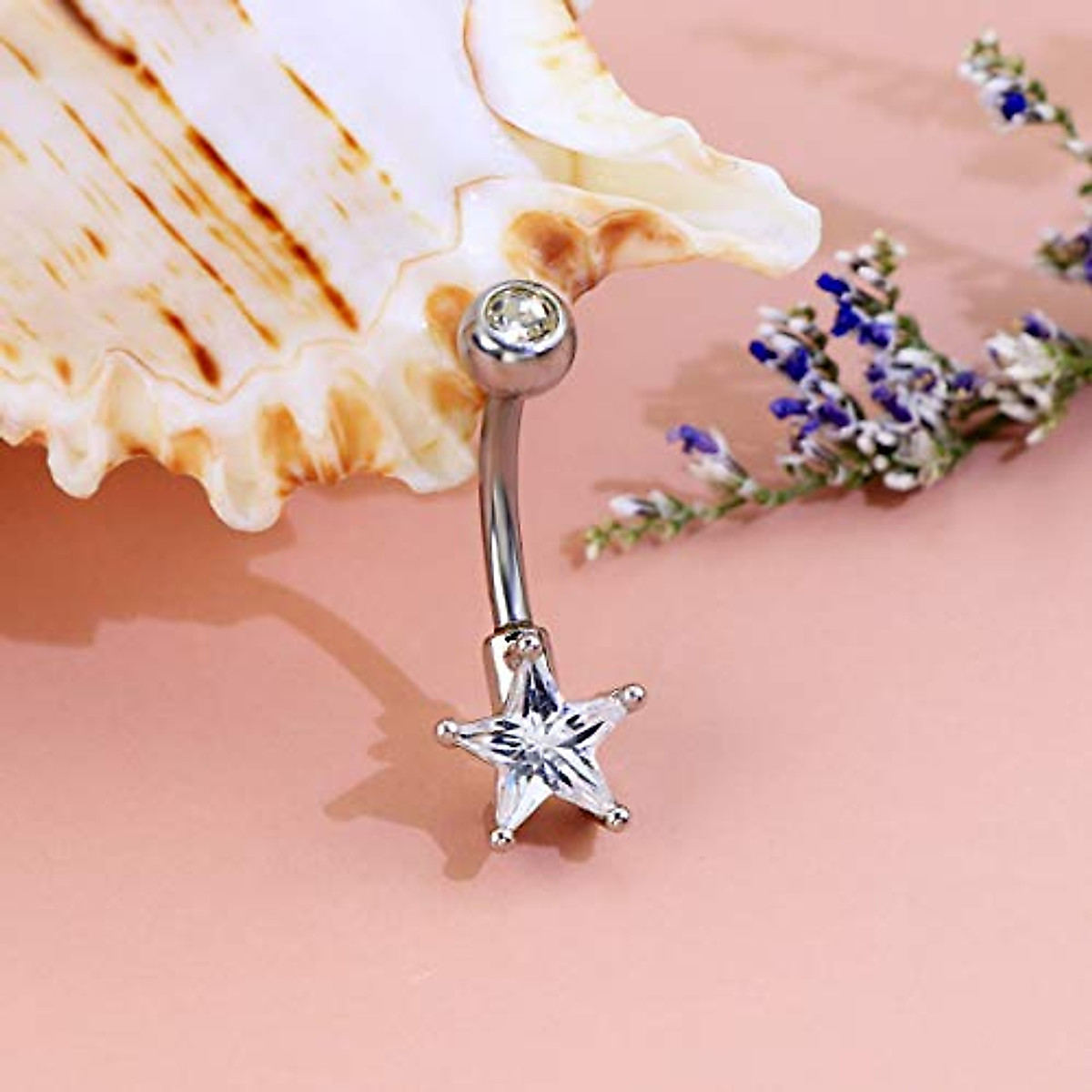 COCHARM 14G Dainty Belly Button Rings Clear Star CZ Belly Navel Rings 316L Stainless Steel Belly Piercing Jewelry