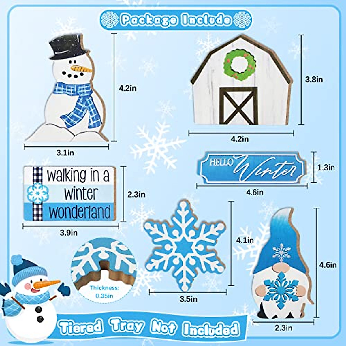 Guoofu Winter Tiered Tray Decor, Farmhouse Tray Decorations, Winter Wonderland Snowman Gnome Snowflake Wooden Signs, Rustic Winter Decor for Home Table Mantel Office Holiday Party