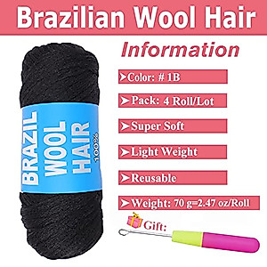 COOKOO 4 Roll Natural Black Brazilian Wool Hair Acrylic Yarn for African Crochet Hair Jumbo Braids Senegalese Twisting Knitting Hair Braids Faux locs Spiral Corkscrews Braids Twist Wraps 70G/Roll(1B#)