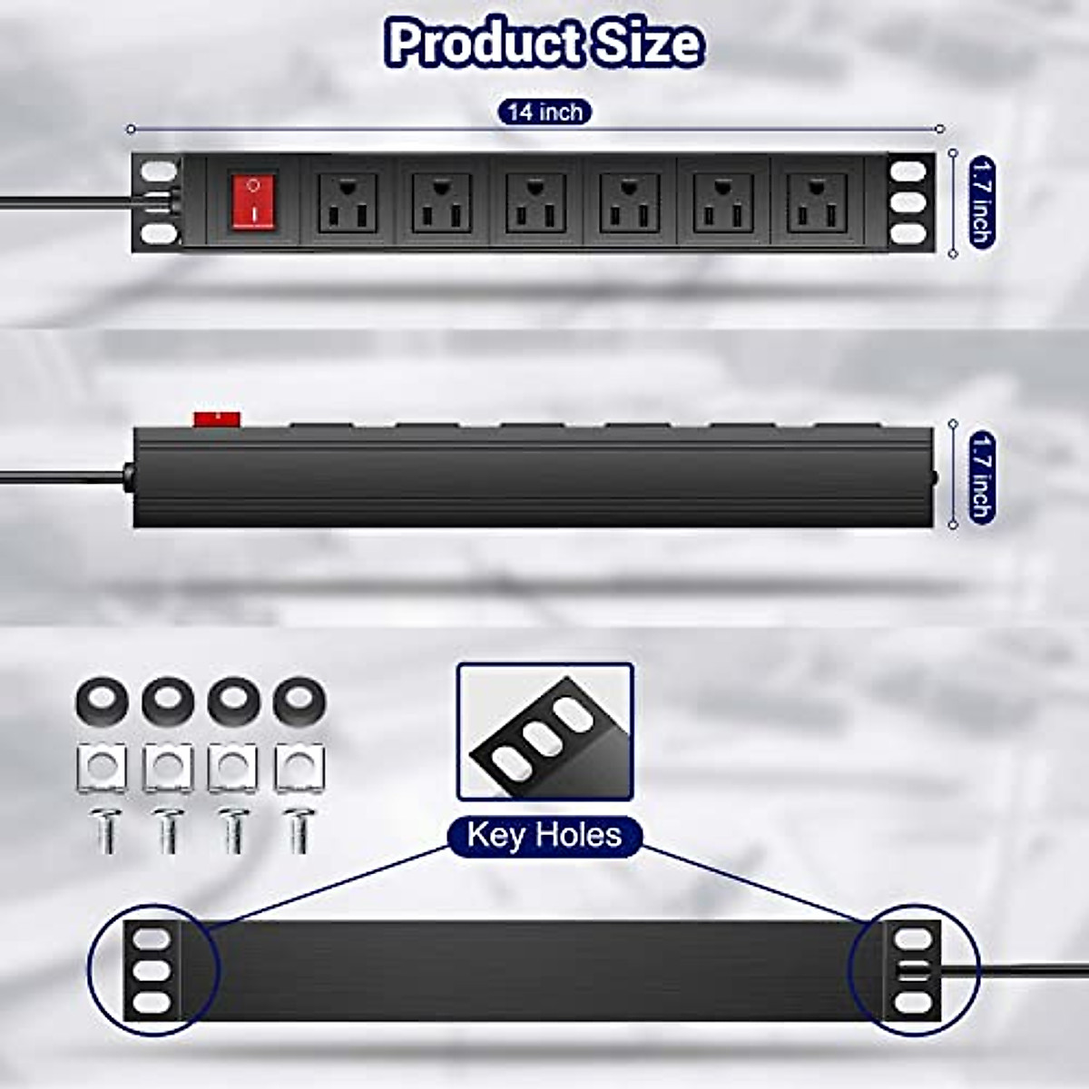 6 Outlets Heavy Duty Power Strip, Mountable Metal Power Strip Outlet, Rack Mount Power Strip 6 FT 16 AWG Long Extension Cord for Commercial Workshop Industrial Kitchen Office