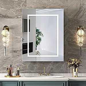 Mepplzian LED Bathroom Mirrored Medicine Cabinet Lighted Medicine Cabinet Wall Mounted Mirror Cabinet with 3 Storage Shelf Medicine Cabinet with Led Lights and Defogger,US Plug Adapter,23.6x29.9Inch