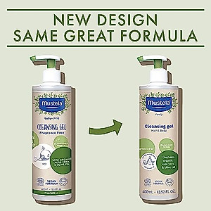 Mustela Certified Organic Cleansing Gel - Natural Hair & Body Wash w/ Olive Oil & Aloe Vera - For Baby, Kid & Adult - Fragrance Free, Tear Free, Vegan & Biodegradable - 13.52 oz. - Packaging may vary