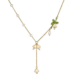 Lily of the Valley Necklace May Birth Flower Jewelry Green Paint Leaves and Freshwater Pearl Lily Necklace Gift for Women Mom Friends Bride Weding Spring Summer