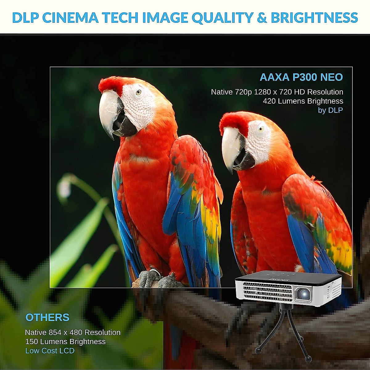 AAXA Technologies P300 Neo LED Video Projector with 2.5 Hour Rechargeable Battery, Onboard Media Player, HDMI/Mini VGA/USB/microSD Inputs, iPhone iPad PS4 Xbox Compatible, 1080p Support